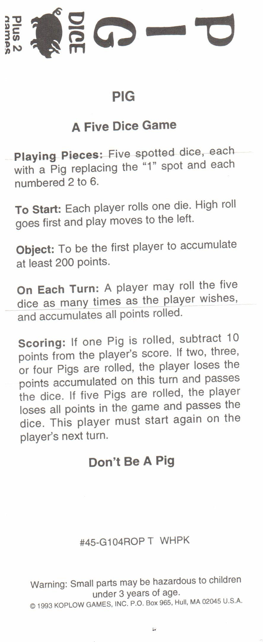 Pig Dice Game 5 Dice Set with Travel Tube and Instructions — Pippd