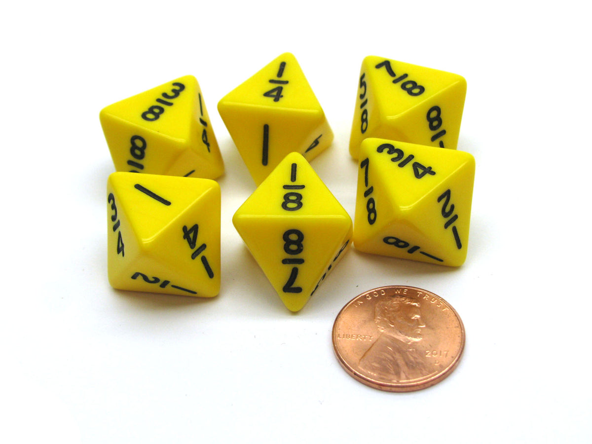 Pack of 6 Math Dice 8-Sided Fraction: 1/8 to 1 - Yellow with — Pippd