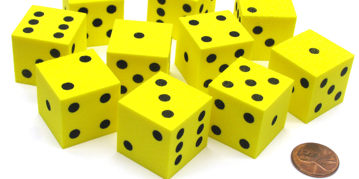 Set of 10 D6 Large 25mm Foam Dice - Yellow with Black Spots — Pippd