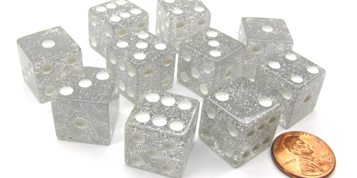 Set of 10 D6 16mm Glitter Dice - Clear/White with White Pips — Pippd