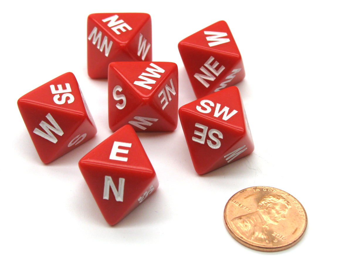 Set of 6 Compass Cardinal Direction 8 Sided Dice - Red with — Pippd