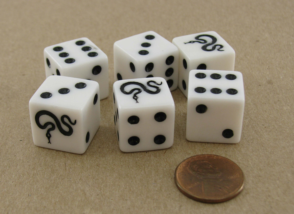 Pack of 6 Snake Dice, D6 16mm Square Edge - White with Black — Pippd