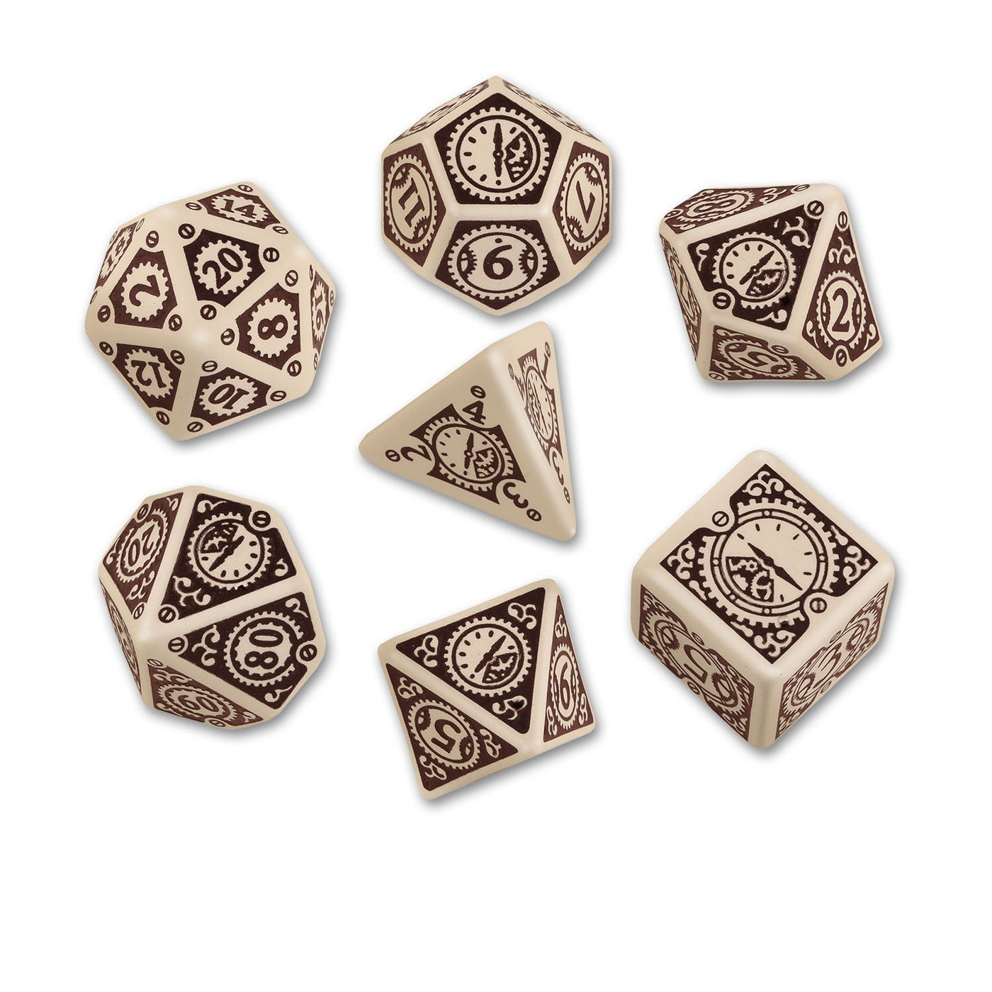 Q-Workshop Steampunk Clockwork Dice Set Beige with Brown — Pippd