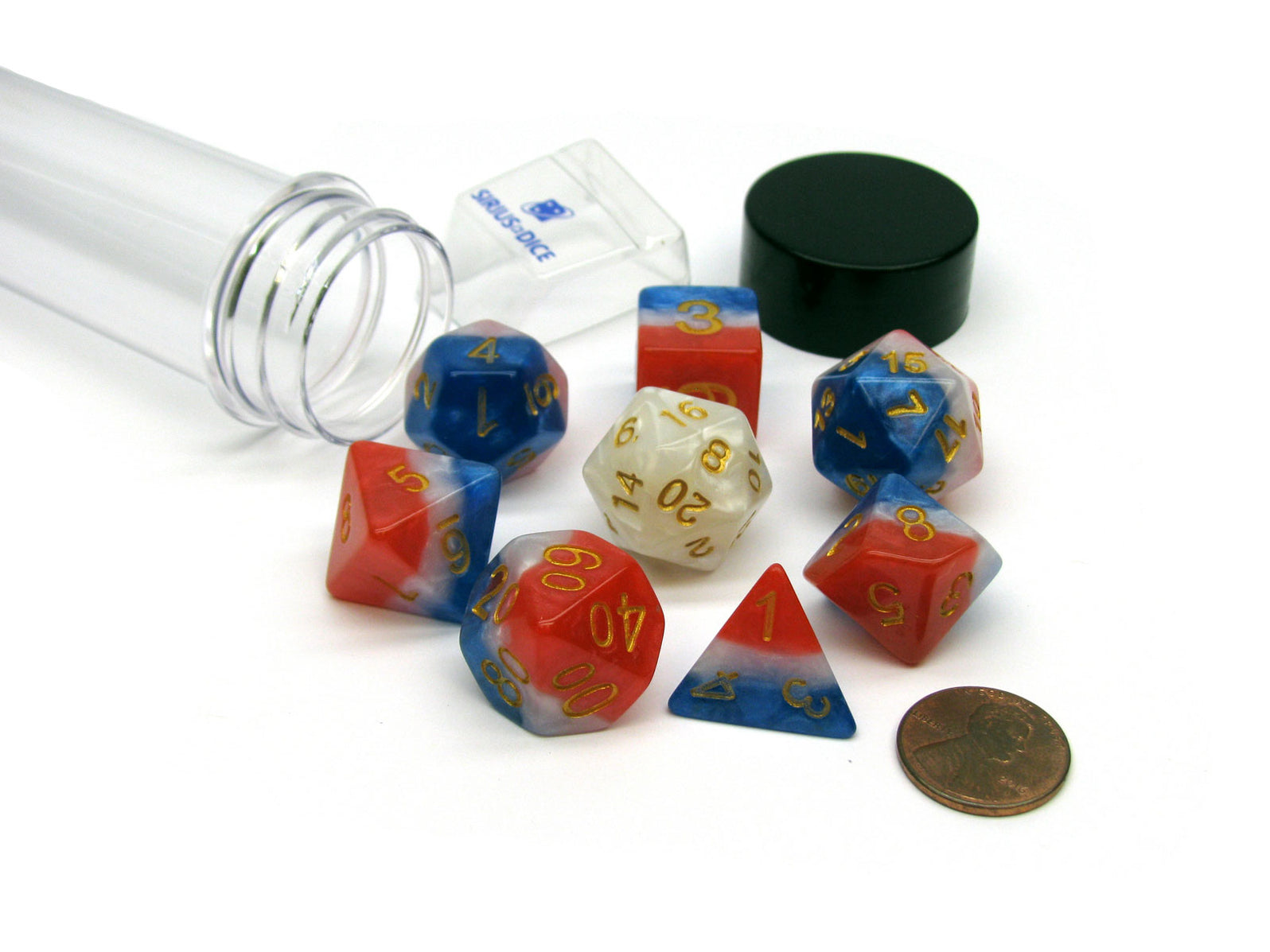 Tube of 7 Sirius Dice + Bonus D20 - Red, White, and Blue — Pippd