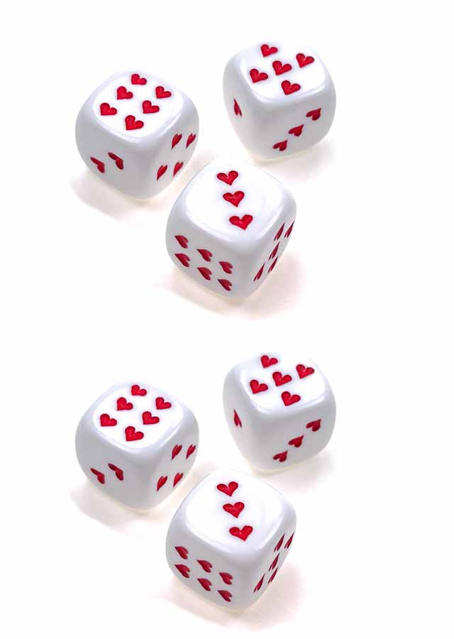 Pack of 6 Heart Dice, Opaque 16mm D6 Chessex Dice - White — Pippd